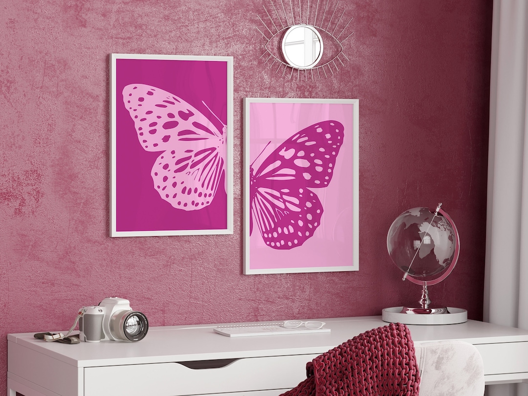 Pink Butterfly Poster Set of 2, Vibrant Butterfly Art, 2 Pink Posters ...