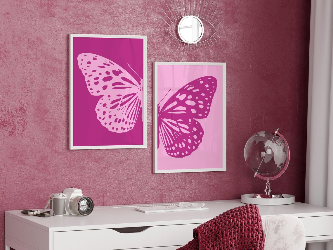 Pink Butterfly Poster Set of 2, Vibrant Butterfly Art, 2 Pink Posters ...