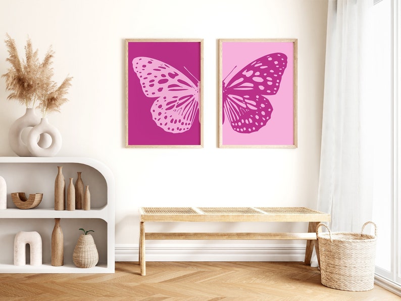 Pink Butterfly Poster Set of 2, Vibrant Butterfly Art, 2 Pink Posters ...