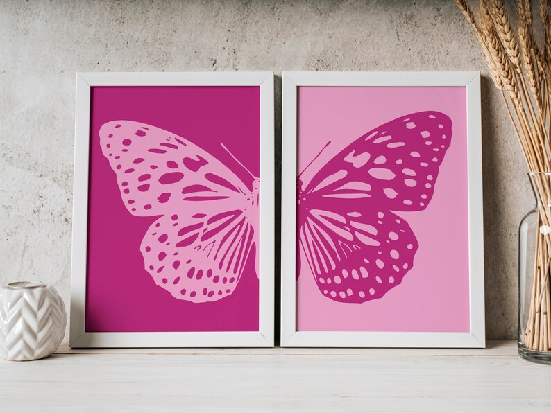 Pink Butterfly Poster Set of 2, Vibrant Butterfly Art, 2 Pink Posters ...
