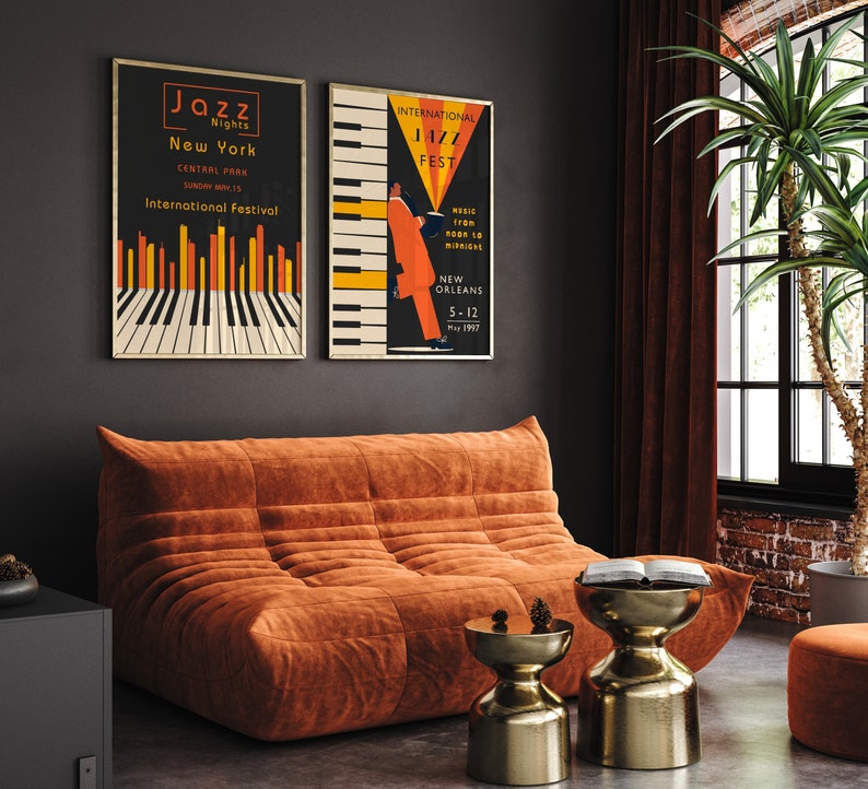 Set of 2 Jazz Festival Posters, Music Fest Prints, Piano Saxophone Wall ...