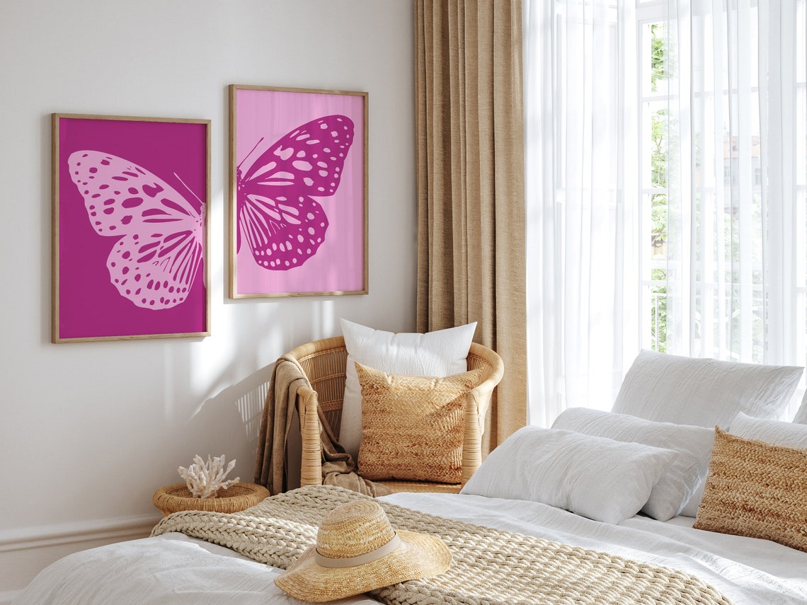 Pink Butterfly Poster Set of 2, Vibrant Butterfly Art, 2 Pink Posters ...