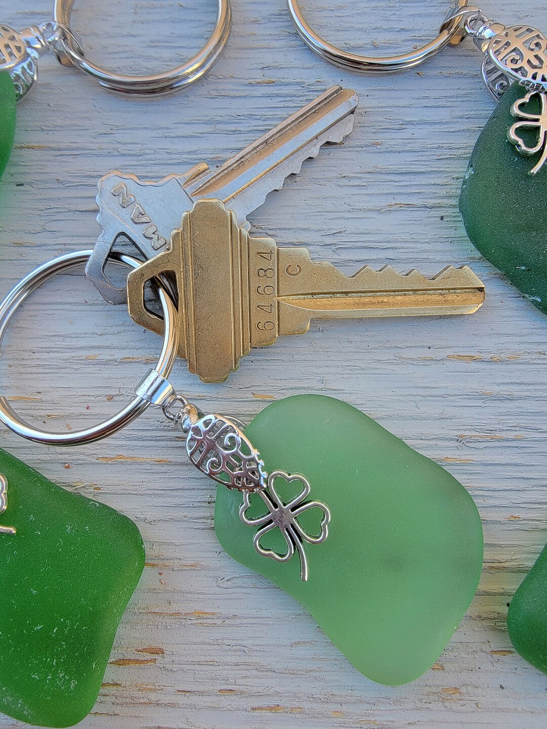 Beach Glass Keychain Green Beach Glass With Shamrock Charm Key FOB ...