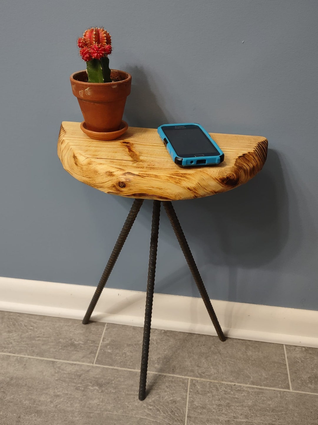 Live Edge Wood Side Table: Rustic Farmhouse Plant Stand With Rebar Legs ...