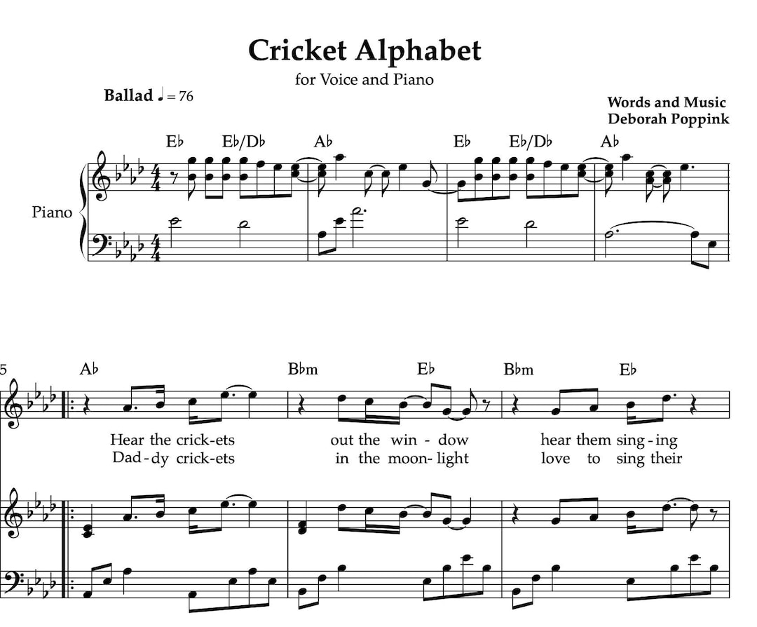 Intermediate Piano Cricket Alphabet - Sheet Music (with Lyrics) - Etsy