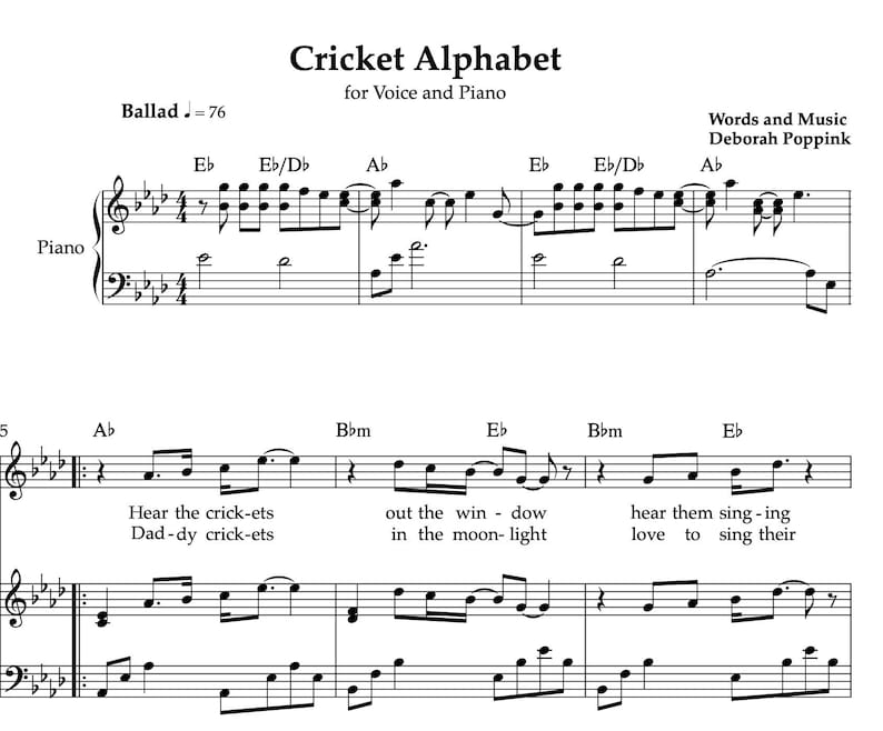 Intermediate Piano Cricket Alphabet - Sheet Music (with Lyrics) - Etsy