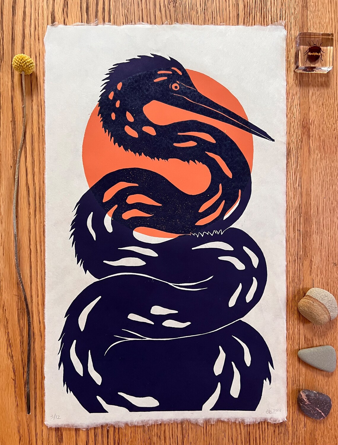 Curvy Egret | Original Linocut | Handmade Linoprint | Limited Edition ...