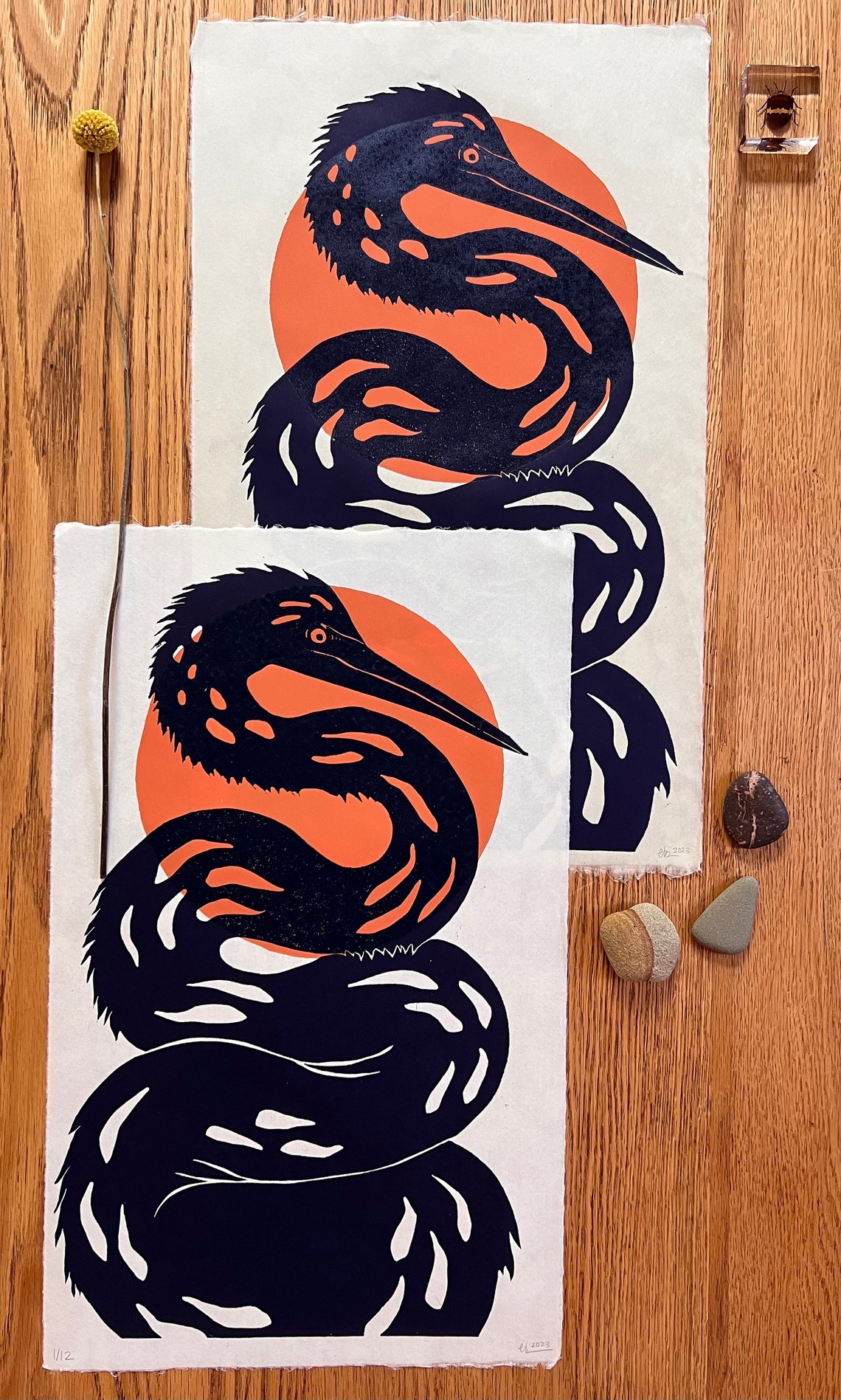 Curvy Egret | Original Linocut | Handmade Linoprint | Limited Edition ...