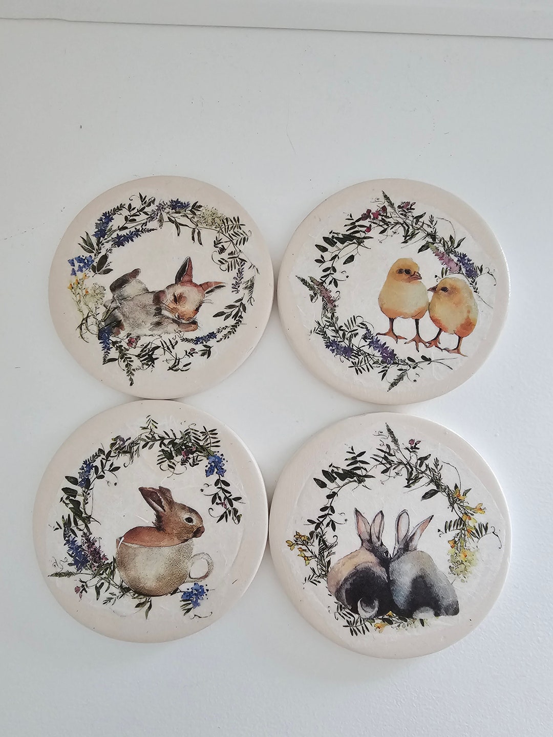Ceramic Coasters, Set of 4, Decoupage, Bunnies and Chicks, Home ...