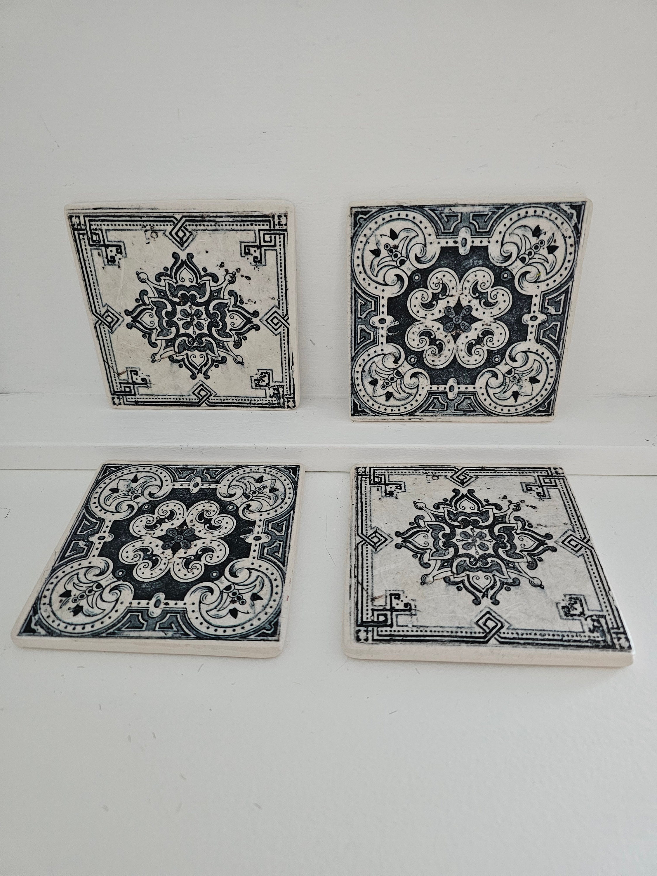Ceramic Coasters, Set of 4, Decoupage, Dark Blue Tile Patterns, Home ...