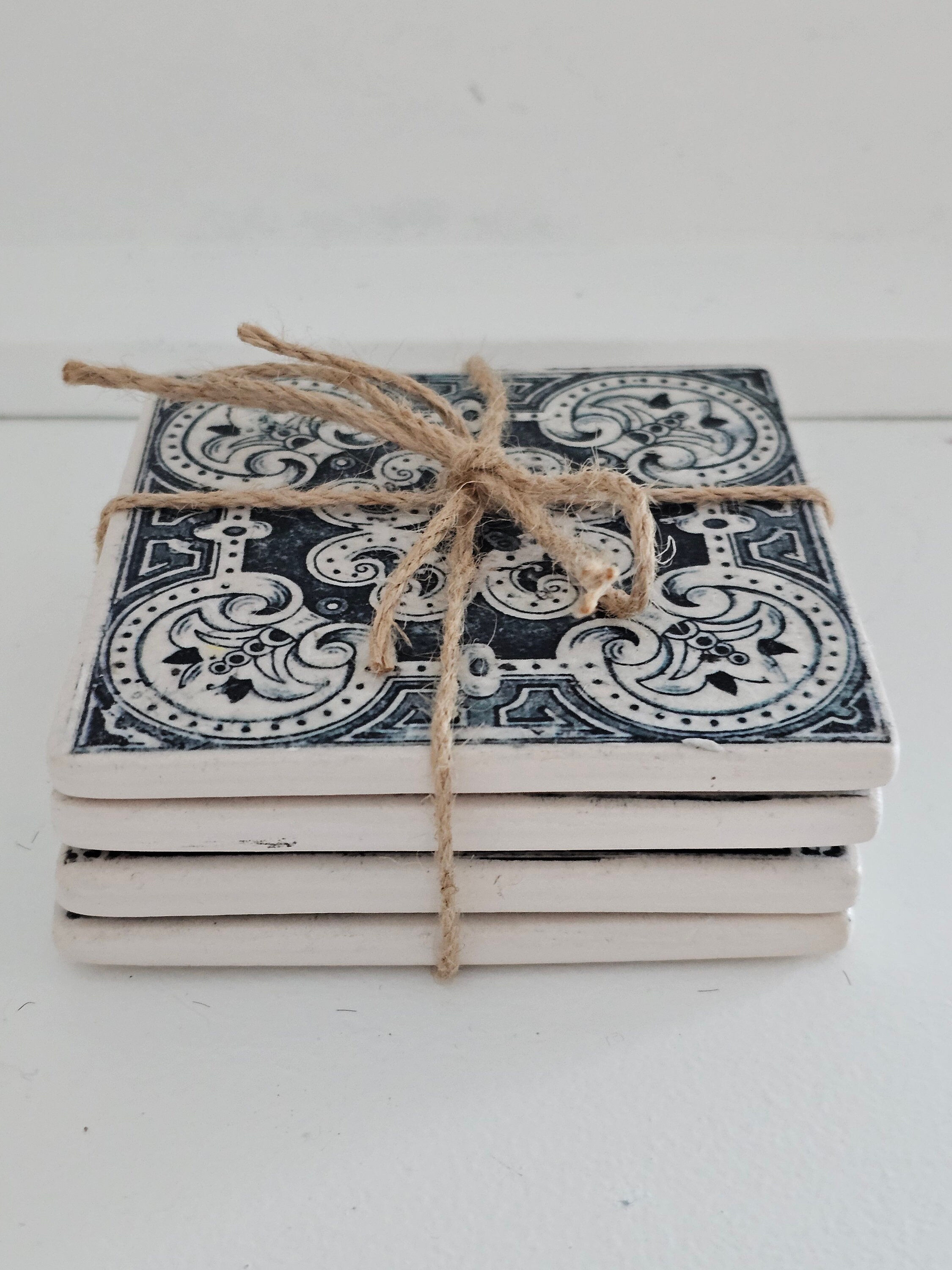 Ceramic Coasters, Set of 4, Decoupage, Dark Blue Tile Patterns, Home ...