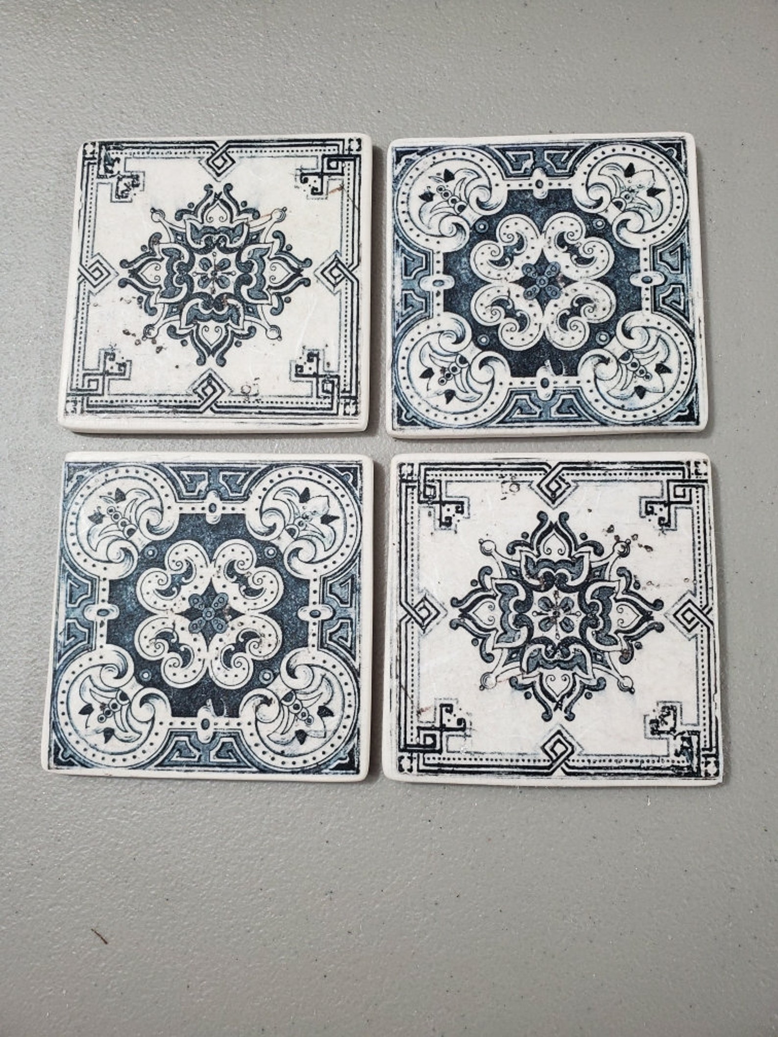Ceramic Coasters, Set of 4, Decoupage, Dark Blue Tile Patterns, Home ...