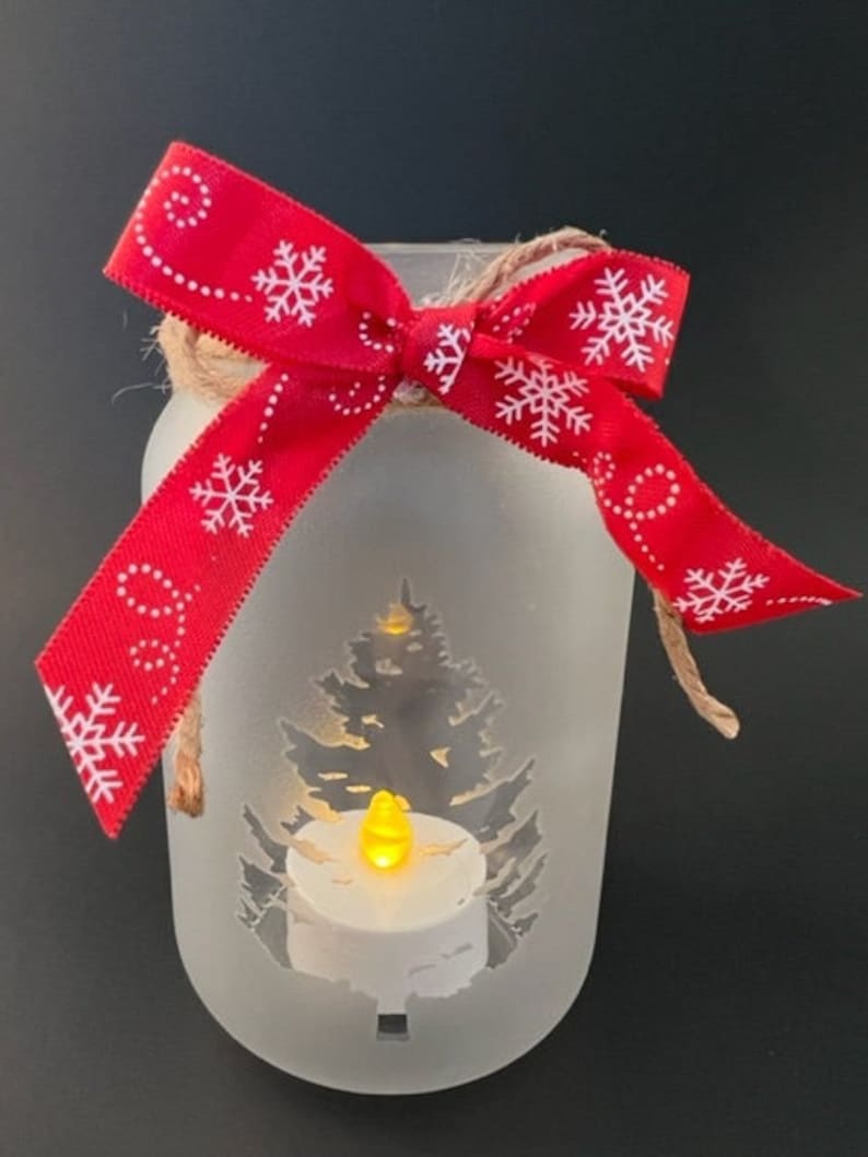 Frosted Glass Christmas Tree Pint Jar LED Flicker Candle Handmade ...