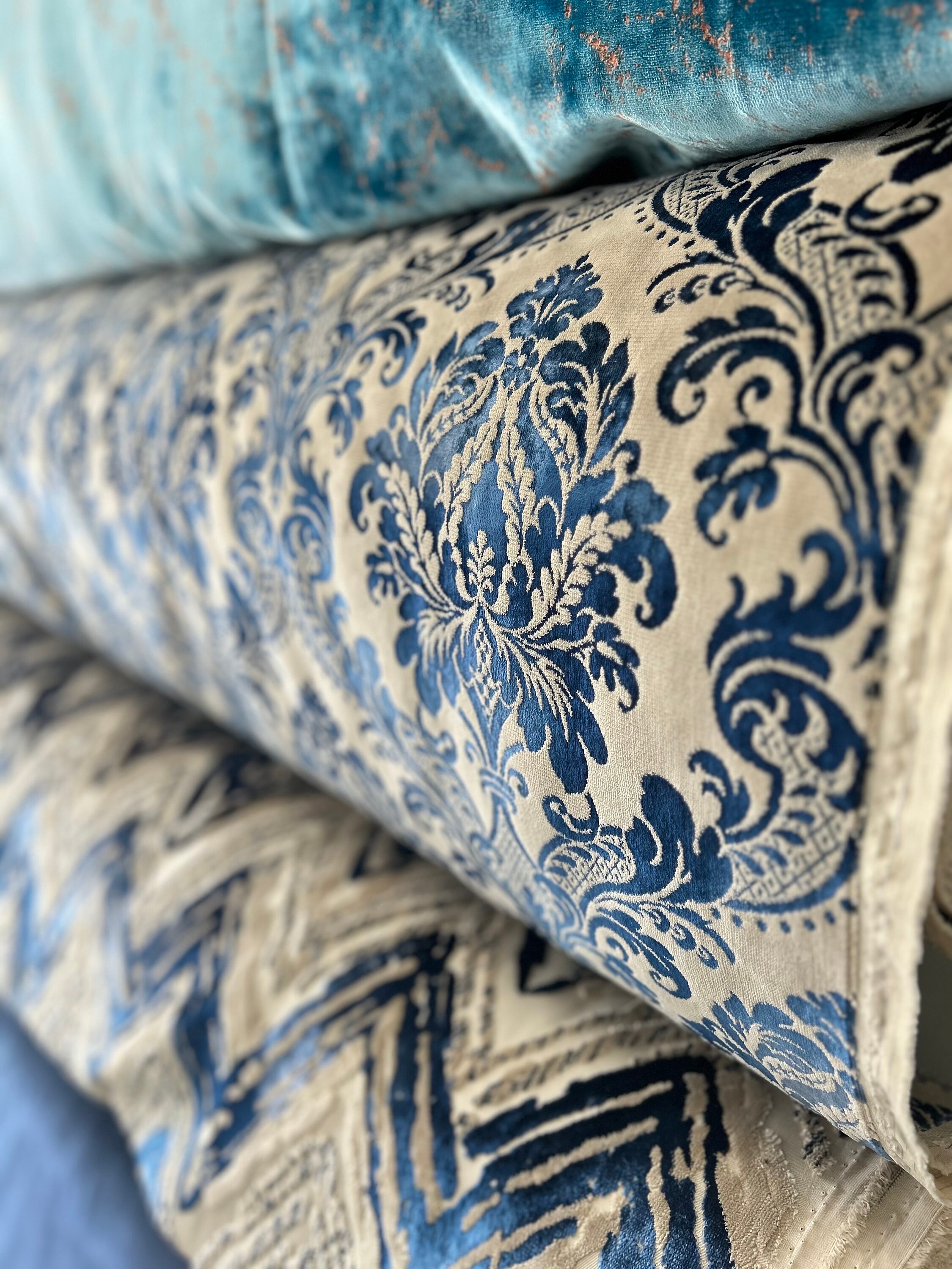 Beige and Blue Floral Pattern Velvet Fabric by Yard, Luxury Turkish Cut ...