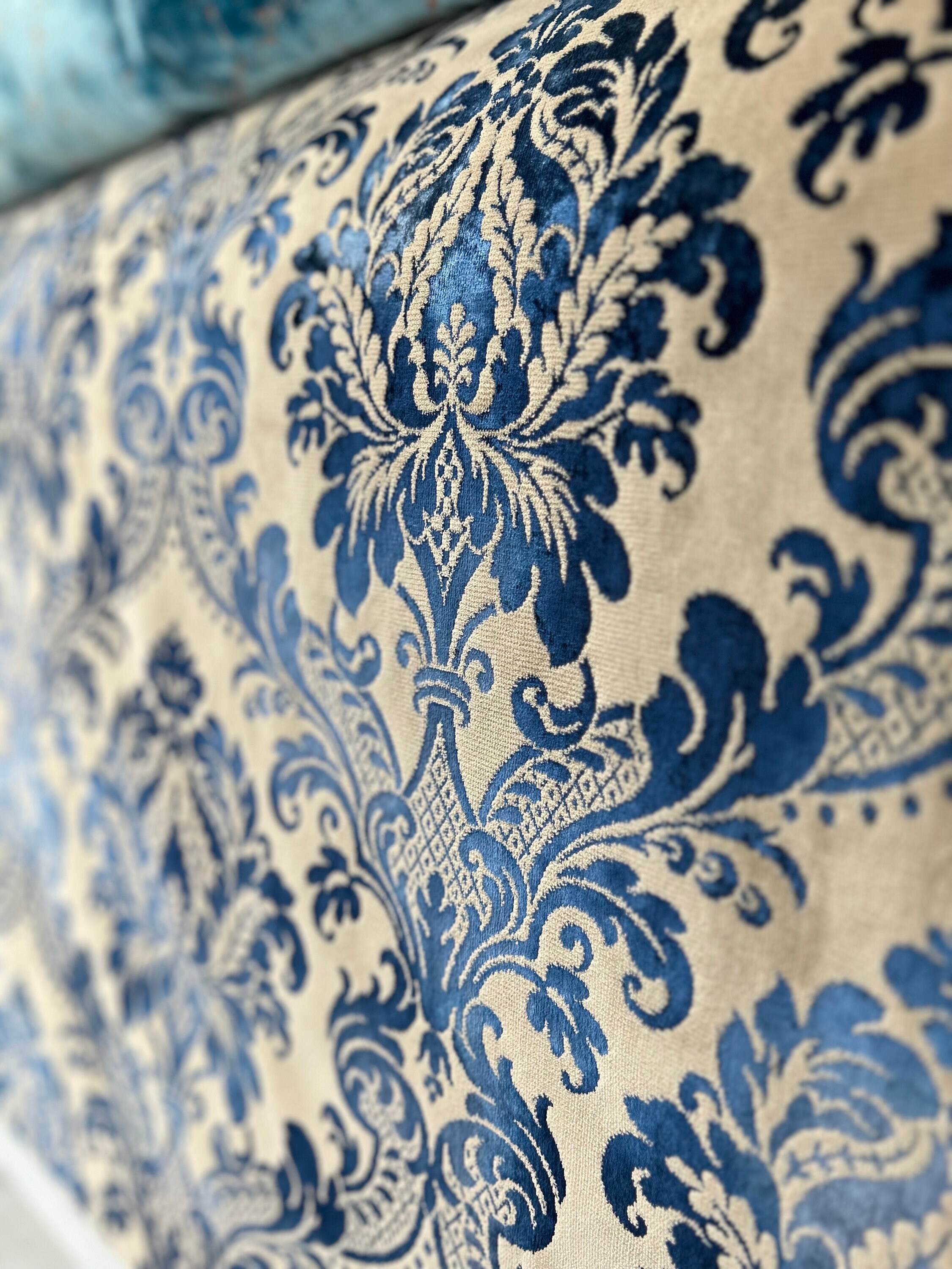Beige and Blue Floral Pattern Velvet Fabric by Yard, Luxury Turkish Cut ...