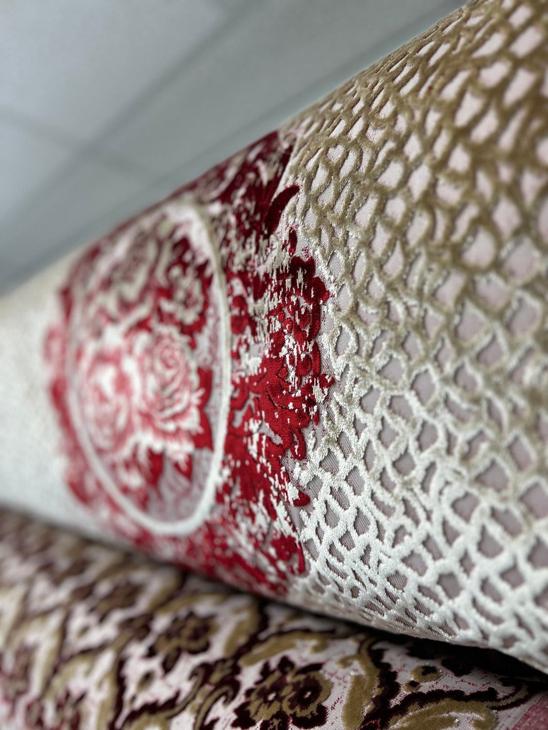 Burgundy and Beige Velvet Fabric, Turkey Cut Velvet Fabric by Yard ...