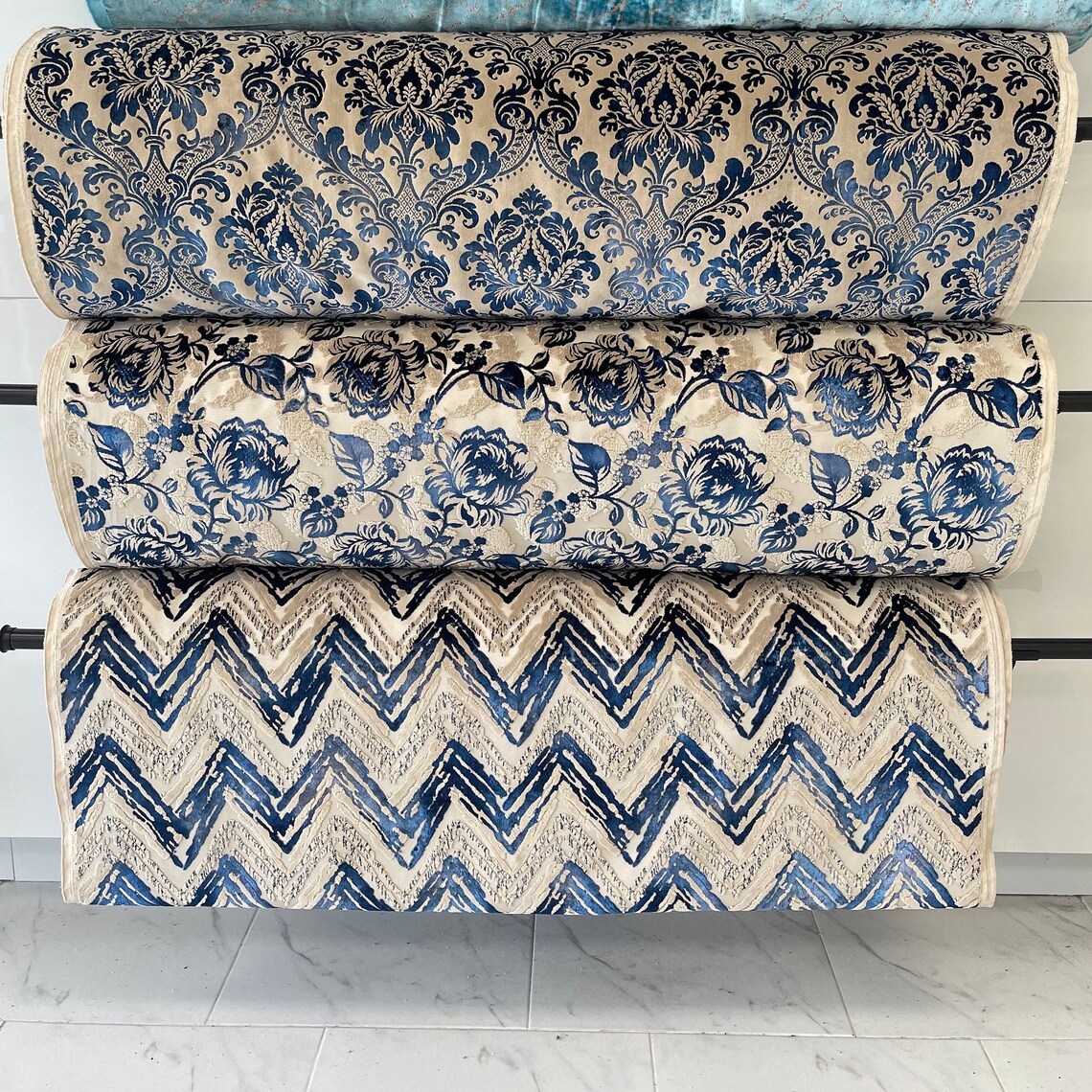 Beige and Blue Floral Pattern Velvet Fabric by Yard, Luxury Turkish Cut ...