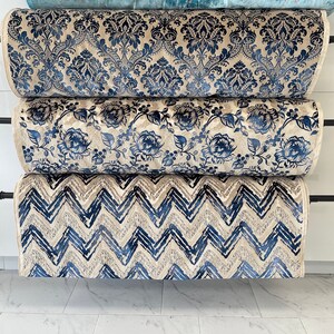 Beige and Blue Floral Pattern Velvet Fabric by Yard, Luxury Turkish Cut ...
