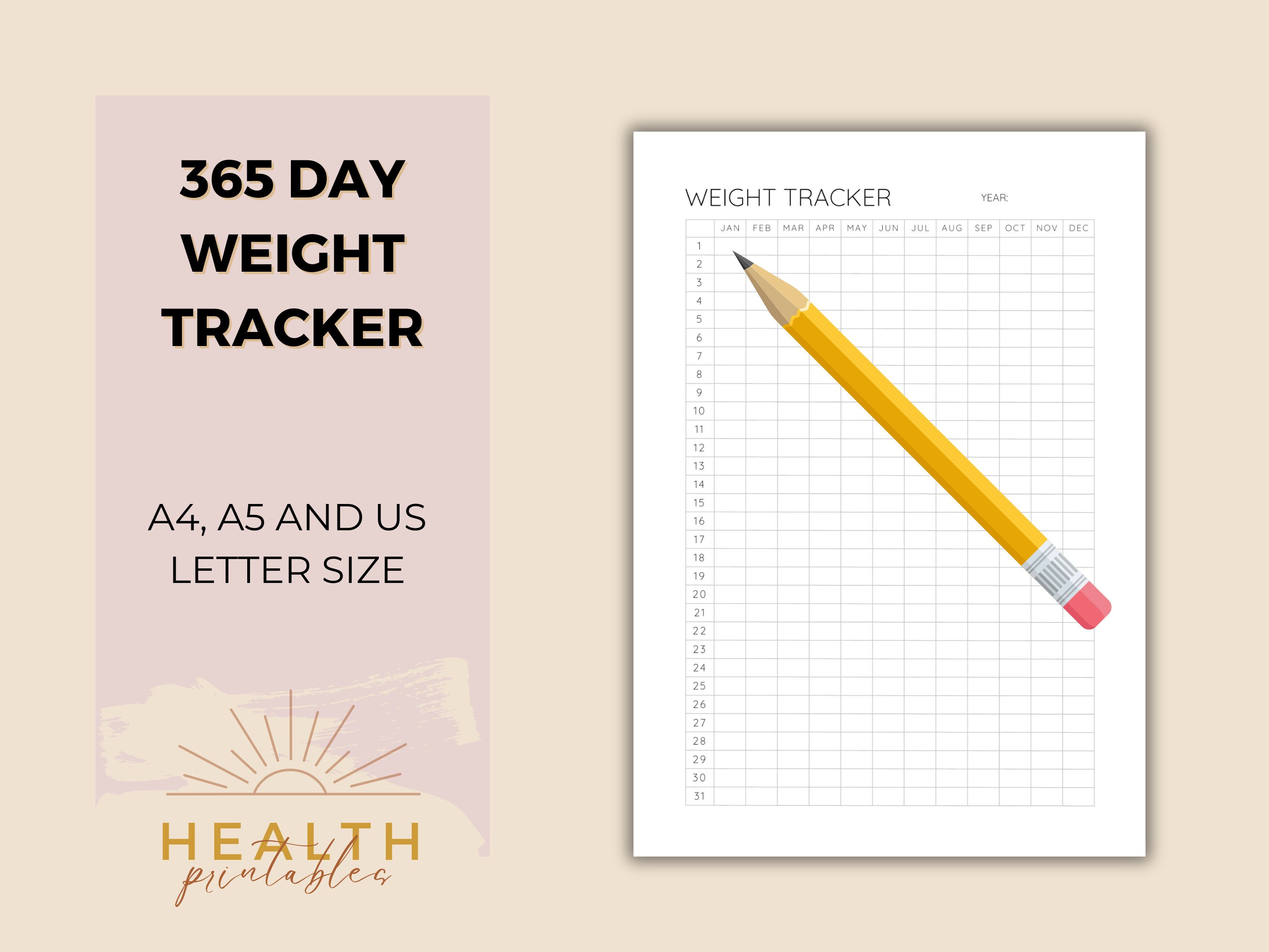 365 Day Weight Tracker Printable, Yearly Weight Track, Weight Loss ...