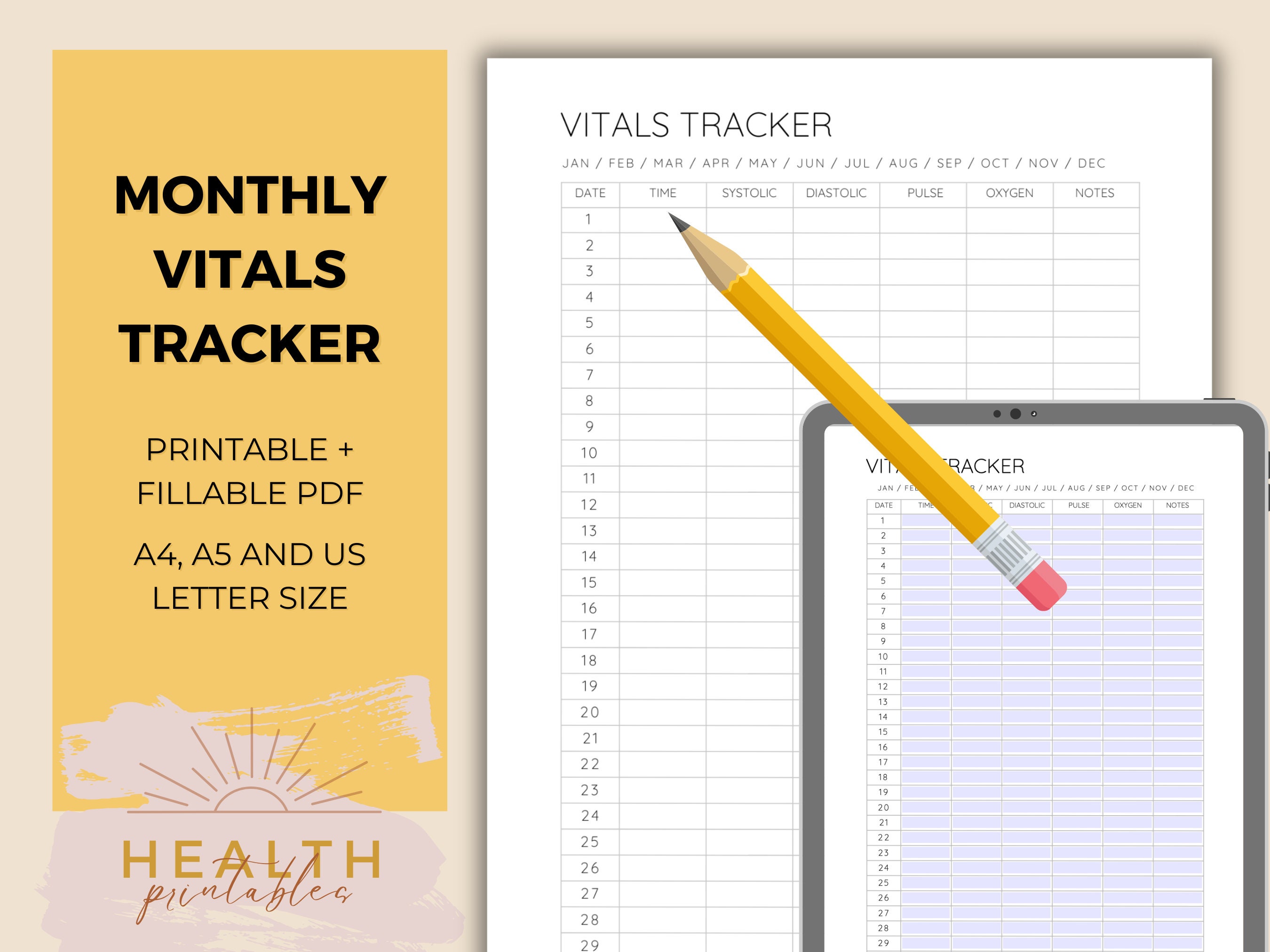 Monthly Vitals Tracker Printable, Blood Pressure Log, Vitals Signs ...