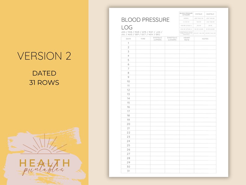 Monthly Blood Pressure Tracker, Blood Pressure Log, High Blood Pressure ...