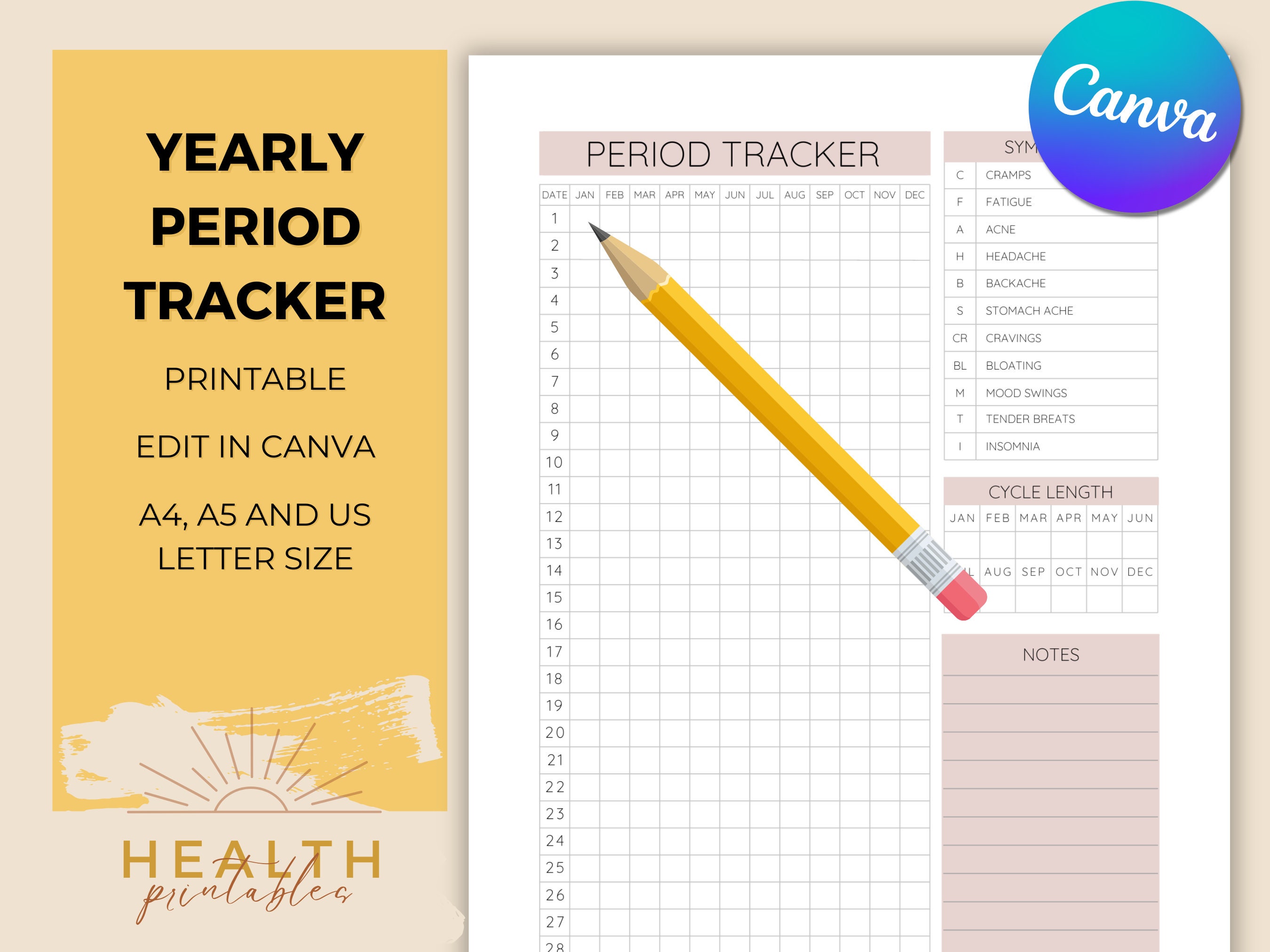 Printable Yearly Period Tracker, Health Tracker, Menstrual Tracker ...