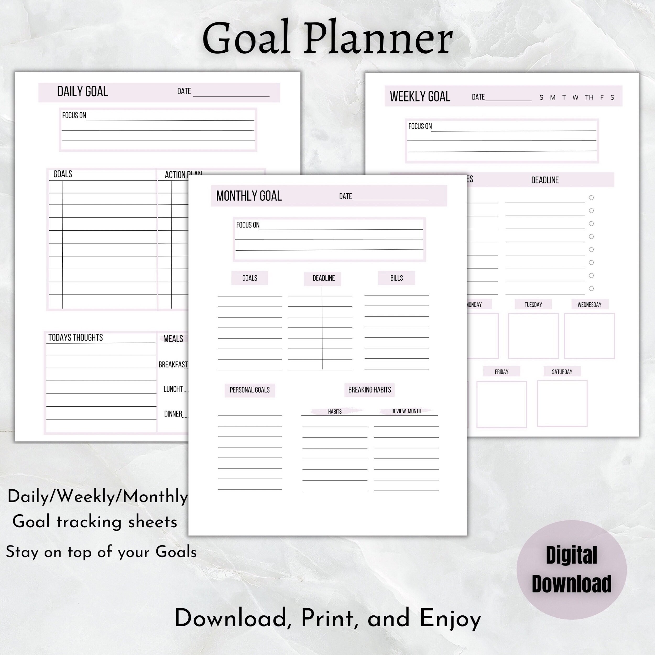 Goal Setting Personal Planner, Printable Daily Weekly Monthly Focus ...