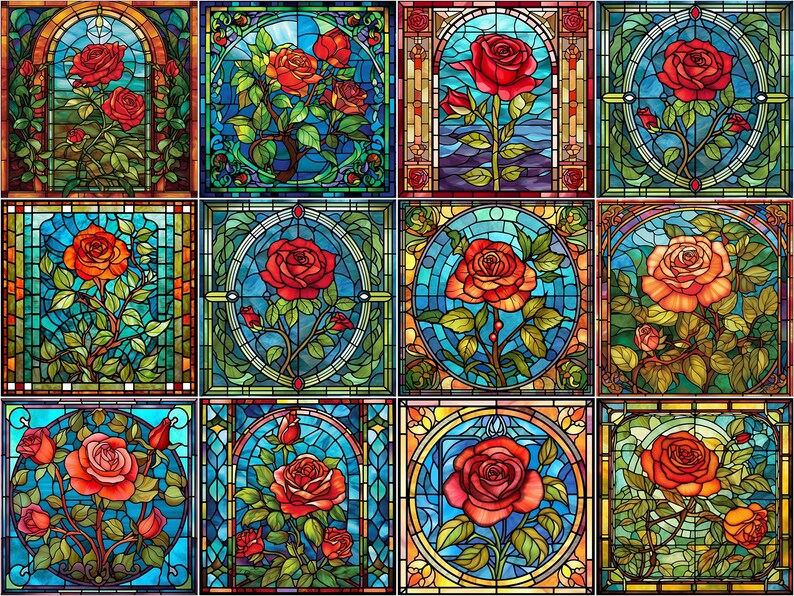 Stained Glass Red Rose / 12 Digital Papers / Stain Glass Patterns ...
