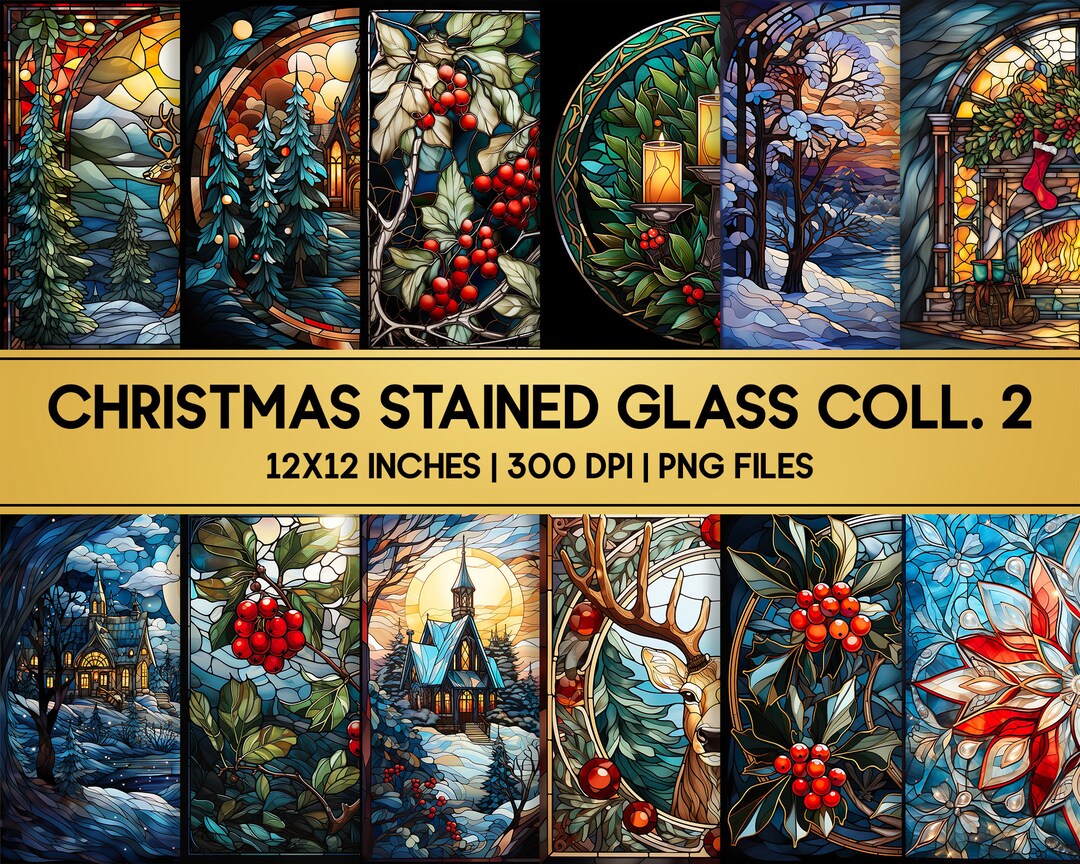 Christmas Stained Glass Digital Paper Pack, Holiday PNG (12x12 Inches ...