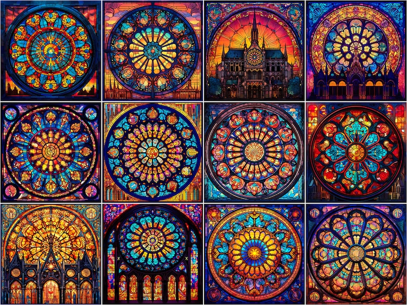 Stained Glass Notre Dame Cathedral Patterns / 12 Digital Papers / Stain ...