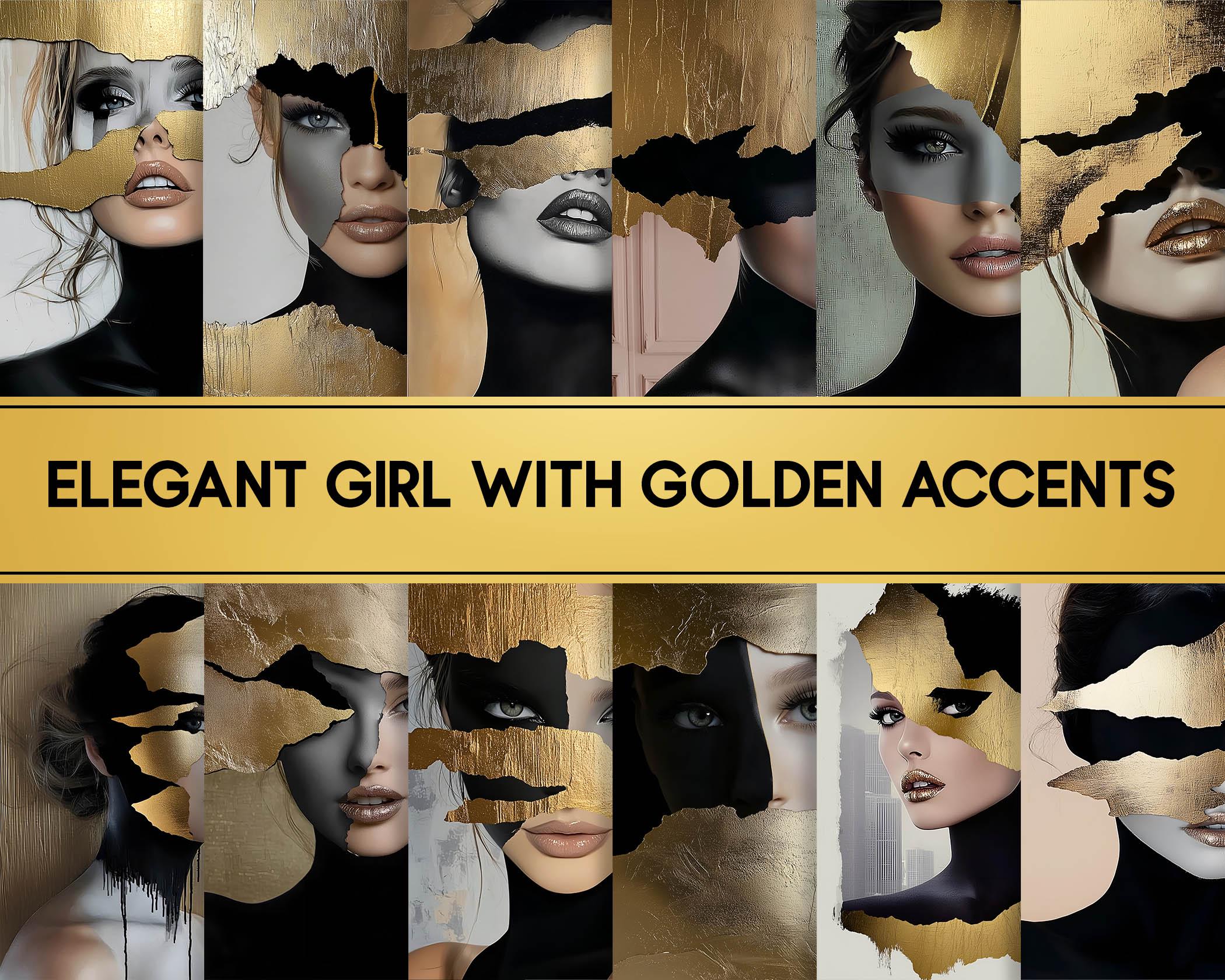 Stunning Black and White Girl Portrait With Gold and Gray Paint Strokes ...