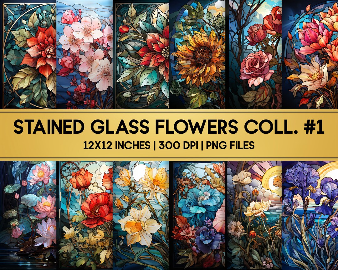 Stained Glass Flower Digital Paper, Art Deco PNG Bundle (12x12 Inches ...