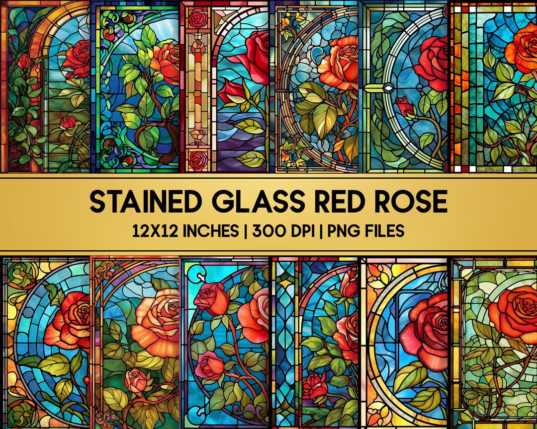 Stained Glass Red Rose / 12 Digital Papers / Stain Glass Patterns ...