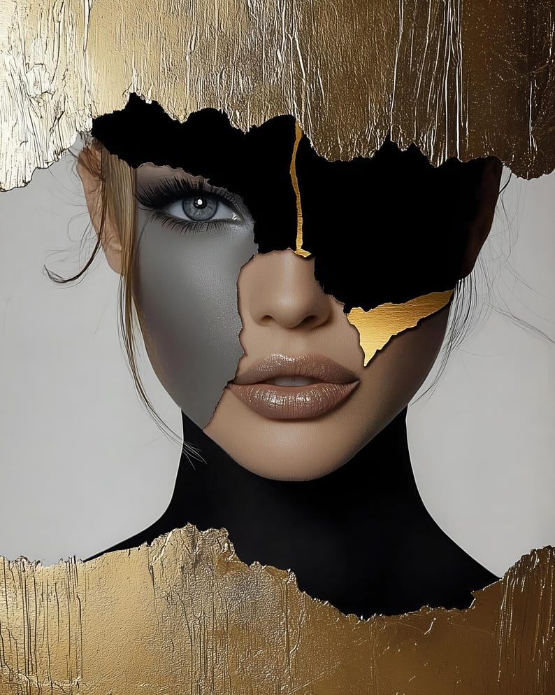Stunning Black and White Girl Portrait With Gold and Gray Paint Strokes ...