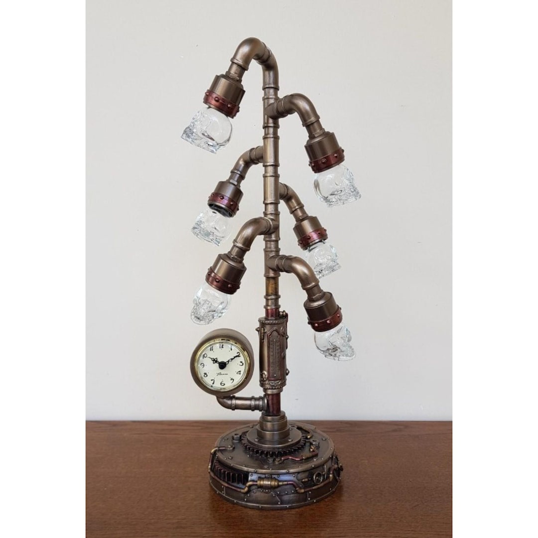 Steampunk Lighted Desk Clock – Industrial Pipe Lamp With Vintage Gauge ...