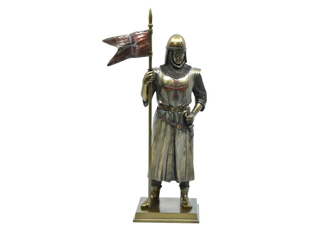 Crusader Knight With Cross Flag Statue – Hand-painted Medieval Warrior ...