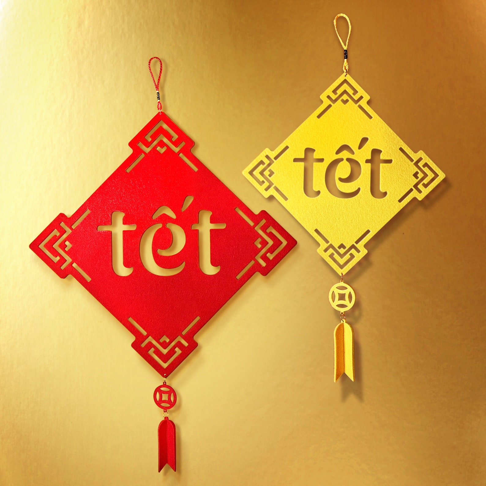8 Pcs Tet Decoration Set - Vietnamese Lunar New Year Wall Hangers - Red ...