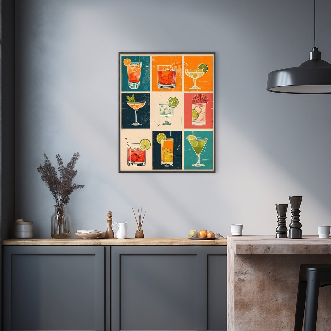 Digital File: Block Print of 9 Cocktails 3, Wall Art, Kitchen Decor ...