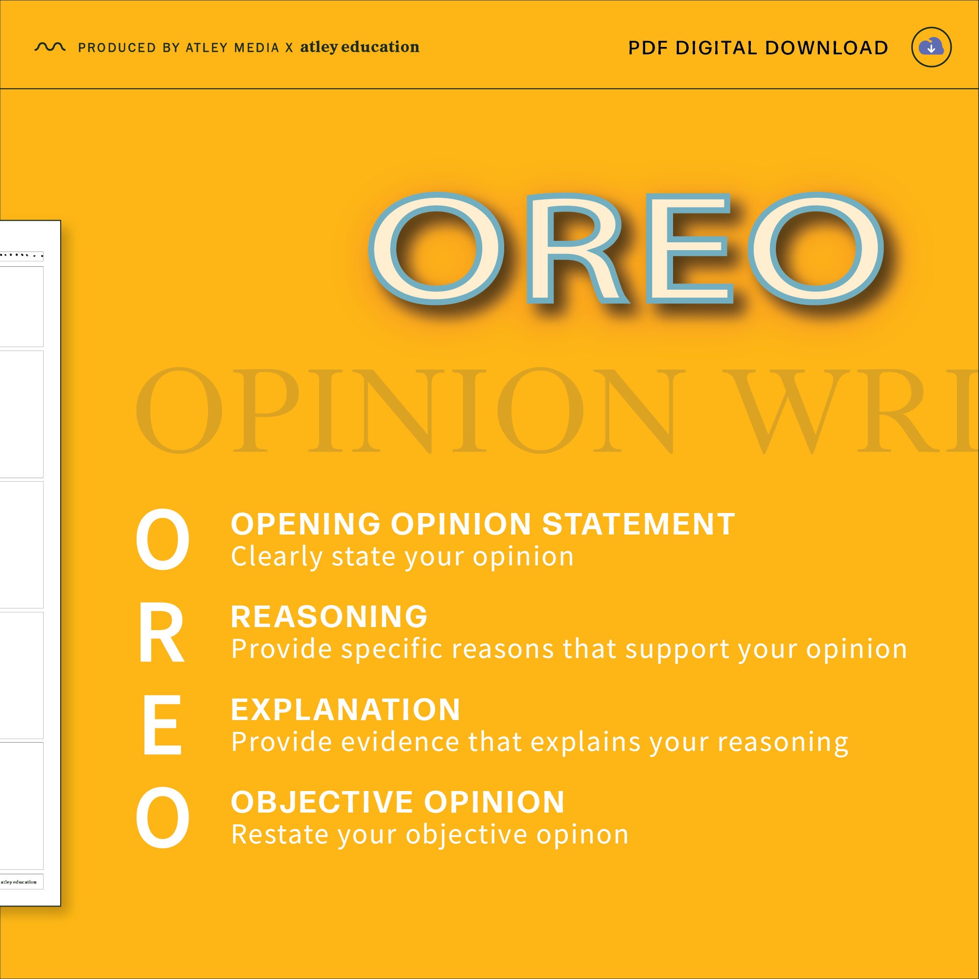 OREO Opinion Writing Worksheet & Poster English Writing Tool Paragraph ...