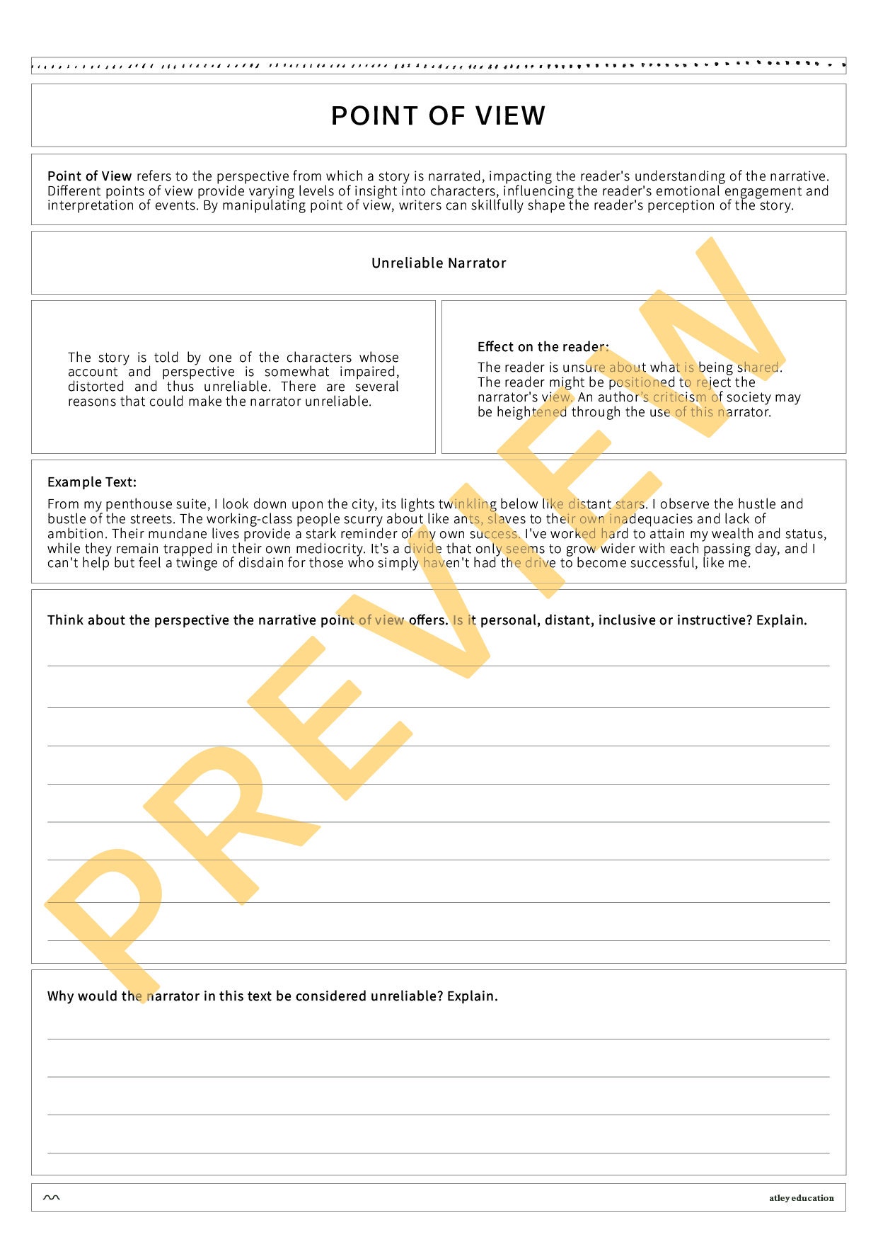 Narrative Writing Point of View - Definition Sheet & Comprehension ...