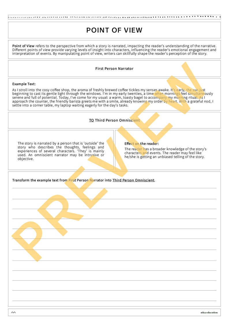 Narrative Writing Point of View - Definition Sheet & Comprehension ...