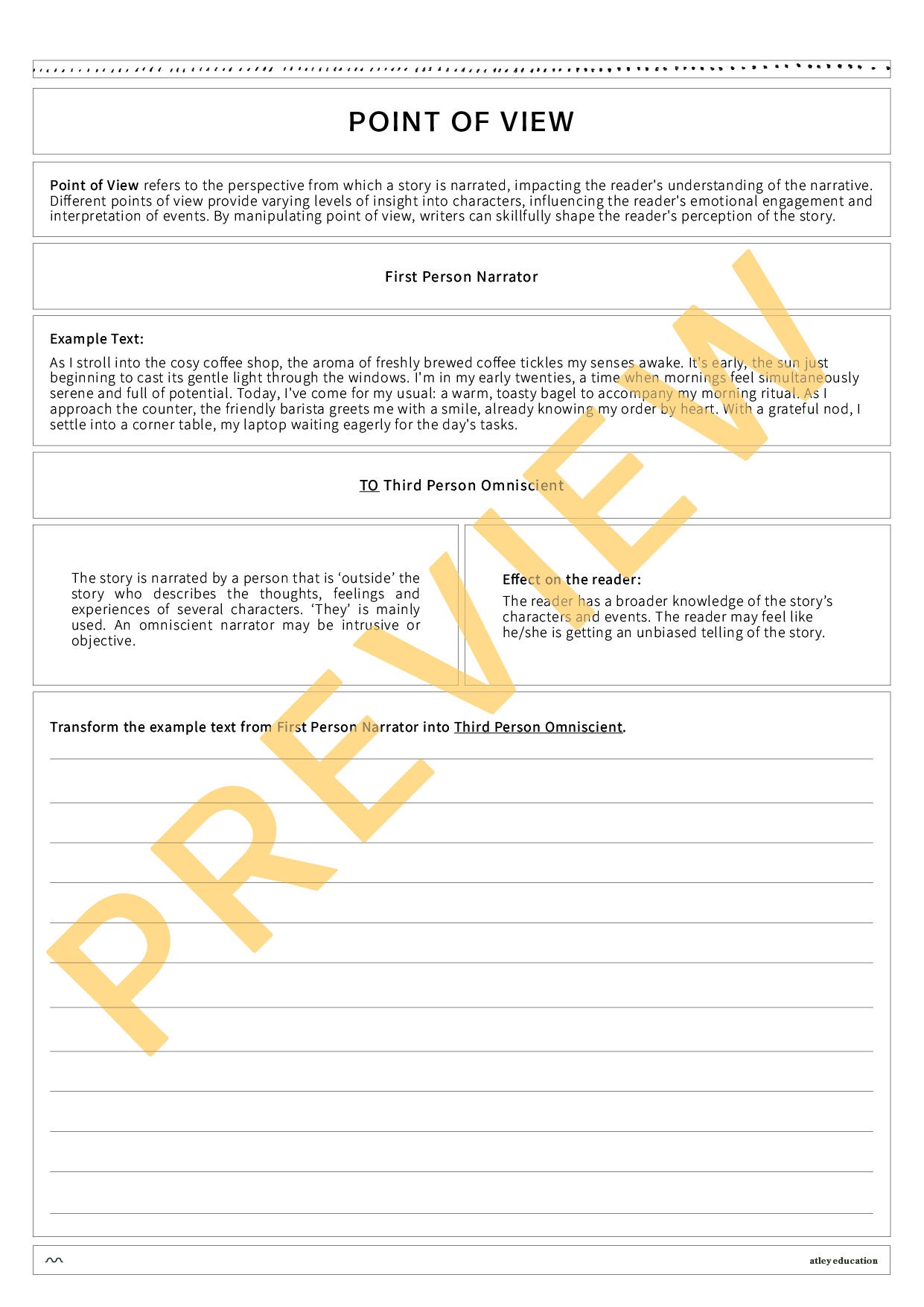 Narrative Writing Point of View - Definition Sheet & Comprehension ...