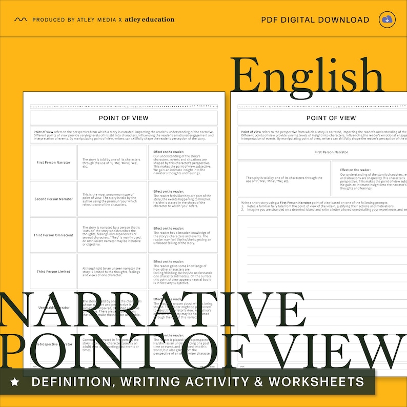 Narrative Writing Point of View - Definition Sheet & Comprehension ...