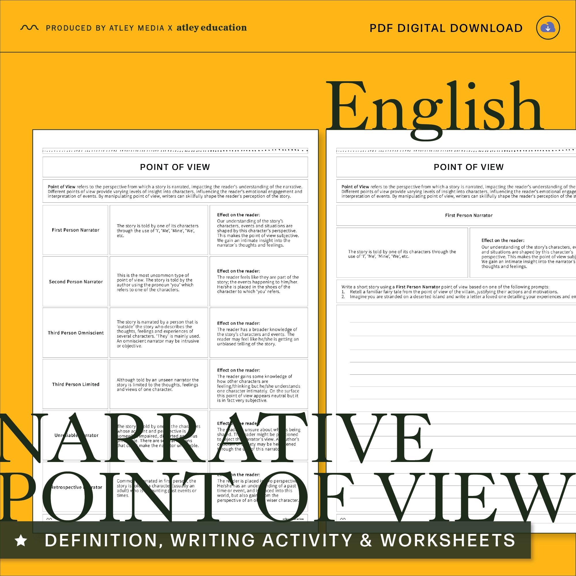 Narrative Writing Point of View - Definition Sheet & Comprehension ...