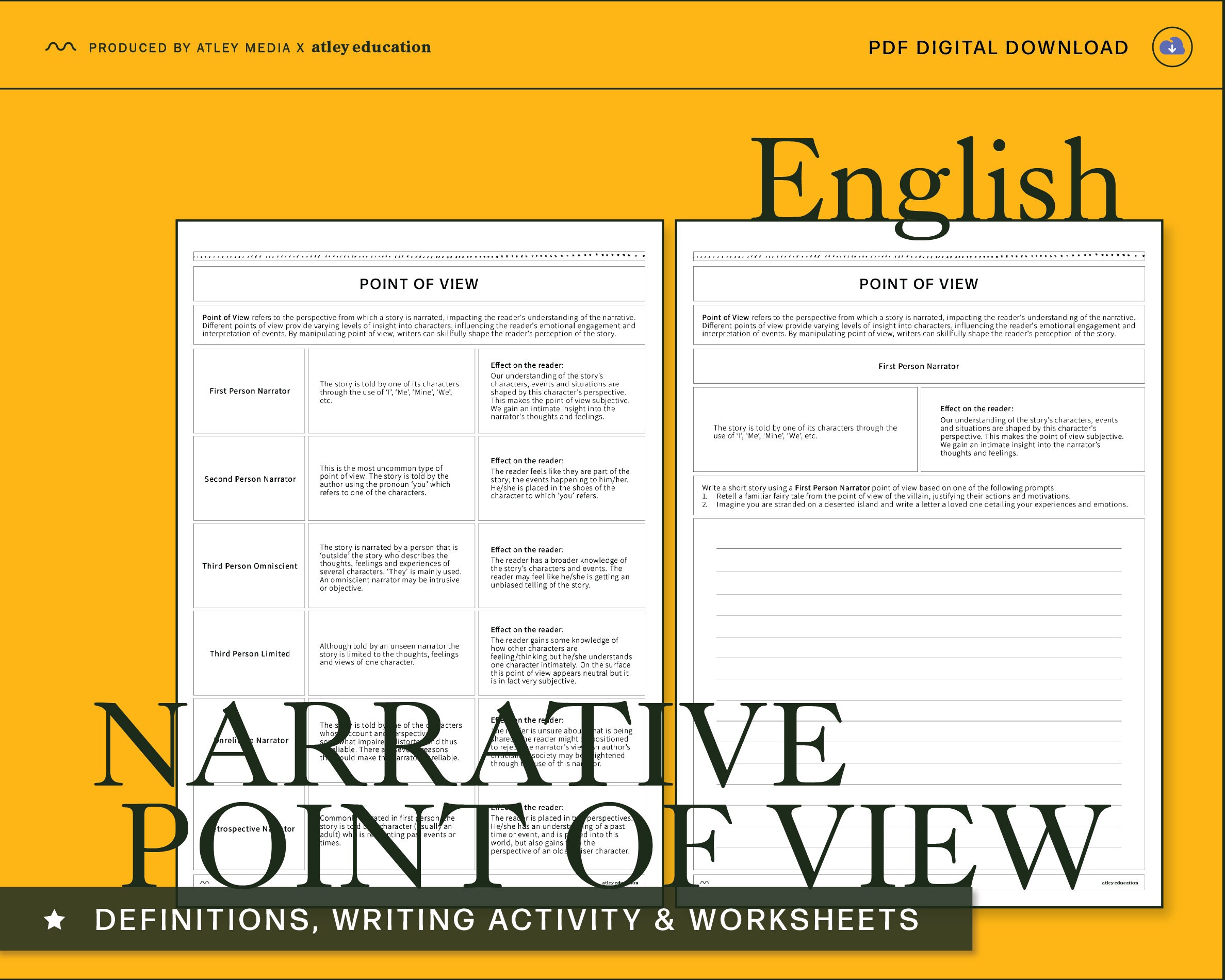 Narrative Writing Point of View - Definition Sheet & Comprehension ...