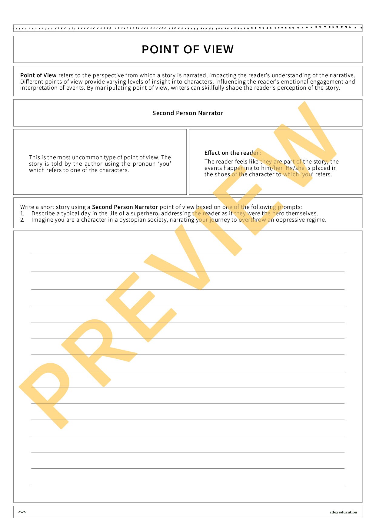 Narrative Writing Point of View - Definition Sheet & Comprehension ...