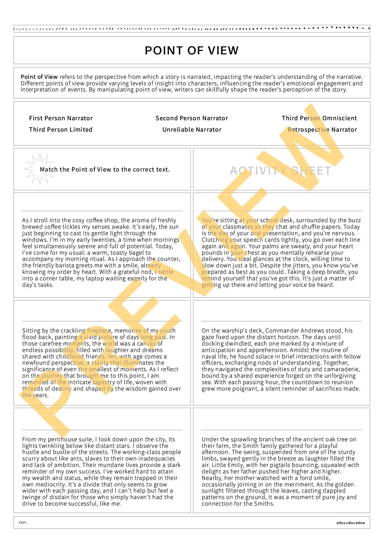 Narrative Writing Point of View - Definition Sheet & Comprehension ...