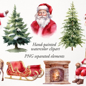 Watercolor Santa Clipart Santa Clause PNG Christmas Clipart Sleigh and ...