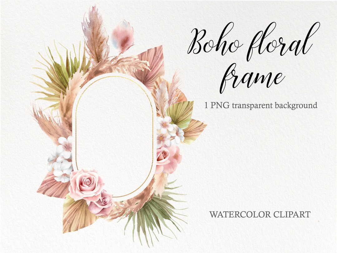Boho Floral Frame Clipart. Watercolor Pampass Grass Border - Etsy