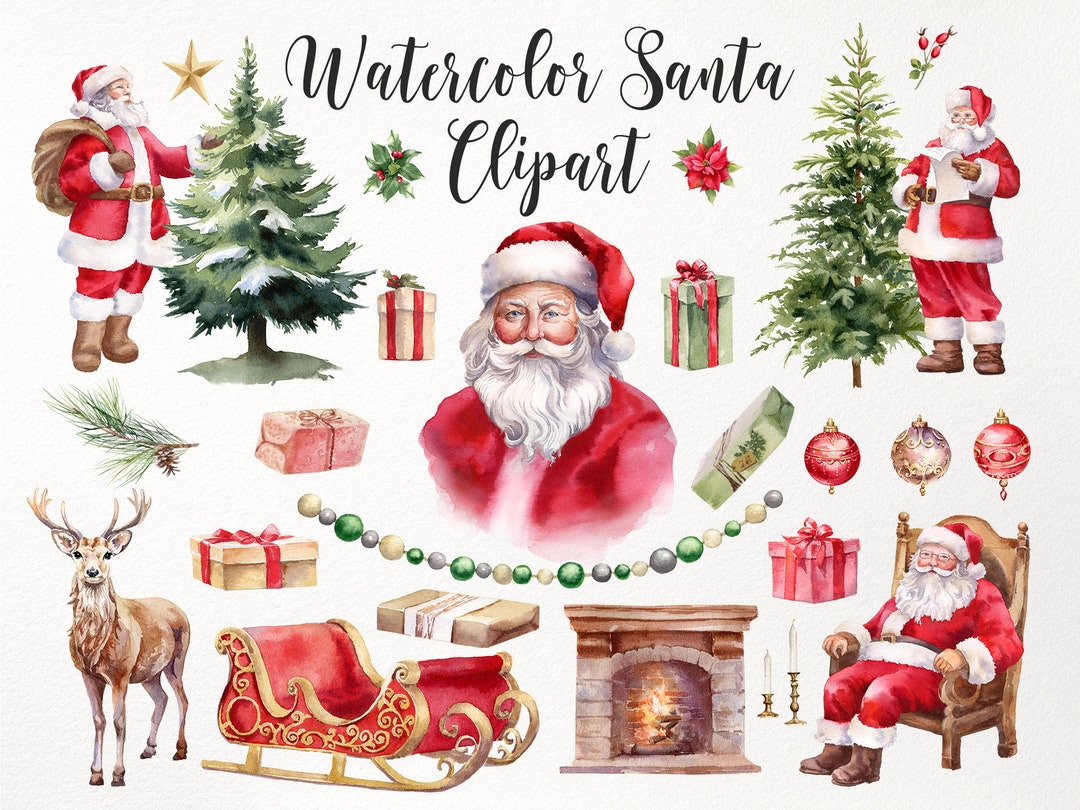 Watercolor Santa Clipart Santa Clause PNG Christmas Clipart Sleigh and ...